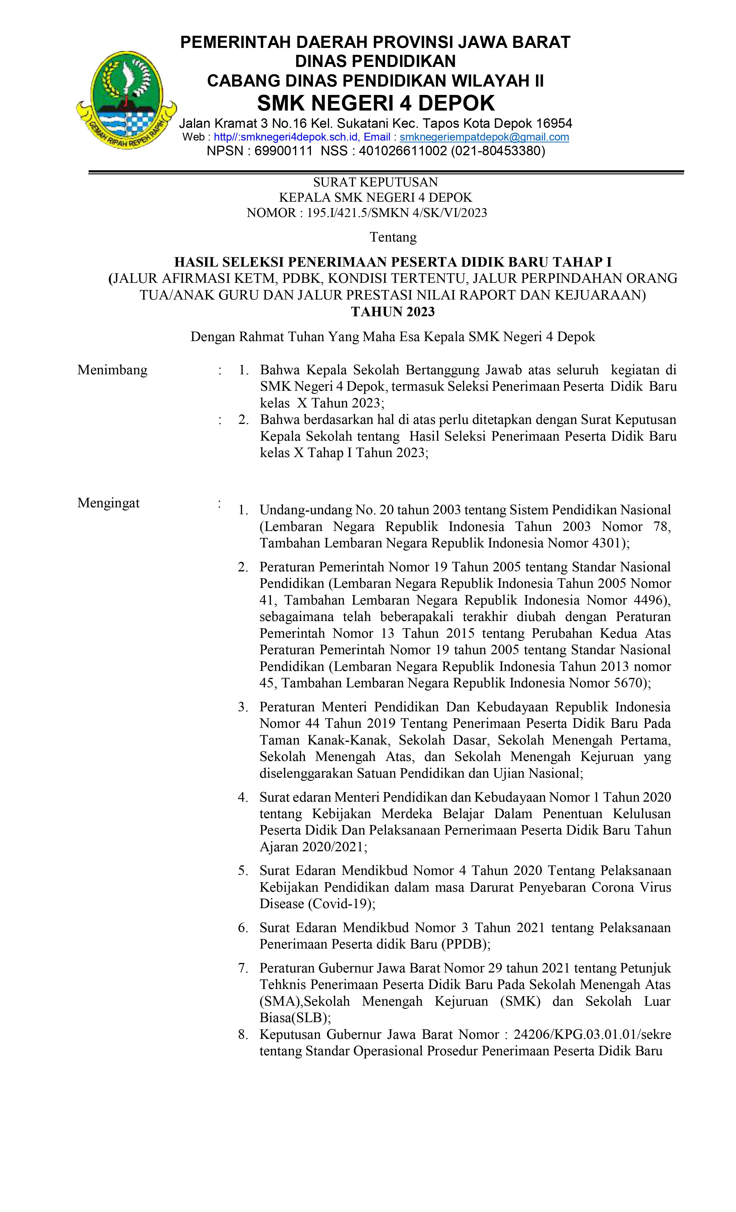 Pengumuman Hasil Seleksi PPDB Tahap 1 2023/2024